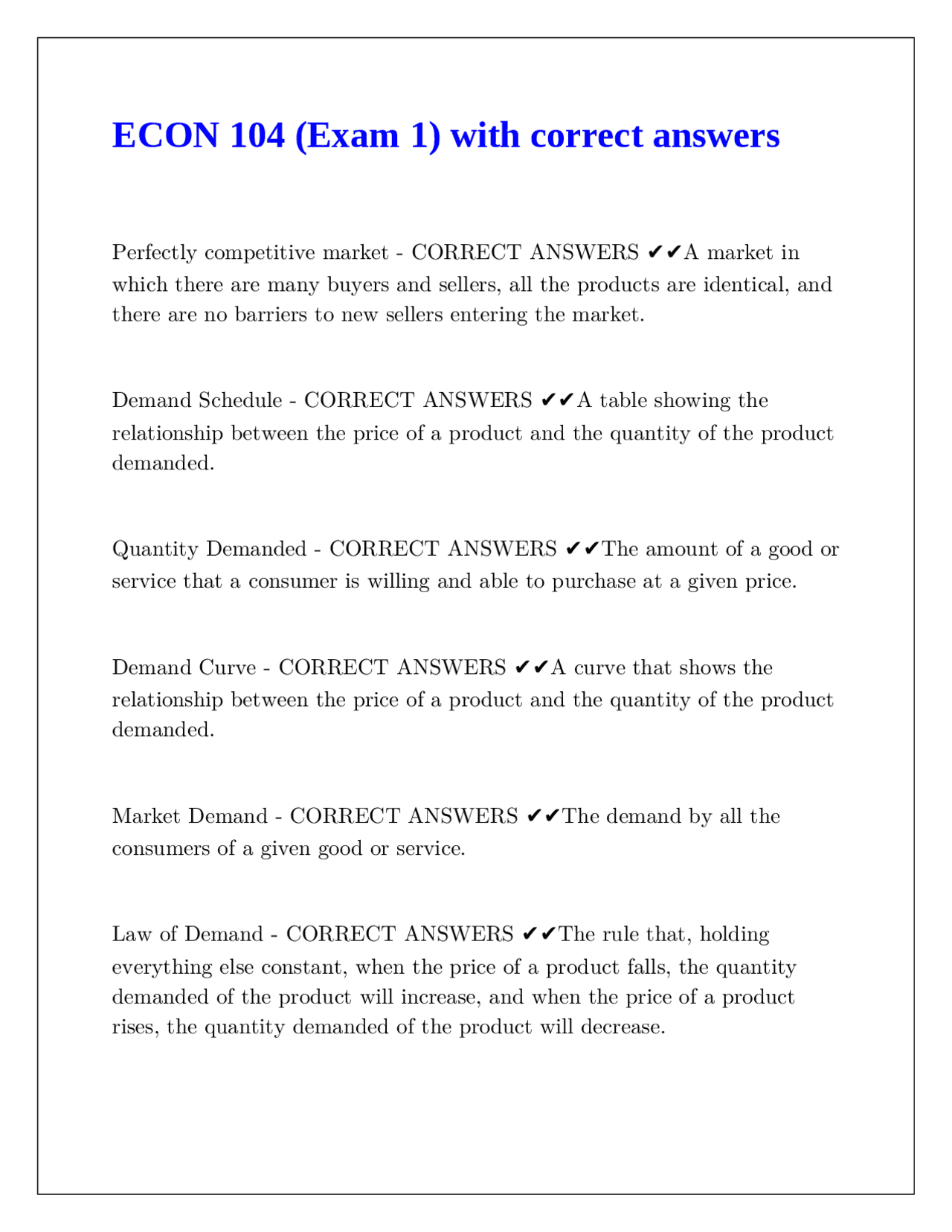 ECON 104 Exam 1: Micro and Macroeconomics Definitions and Answers | Exams Economics | Docsity