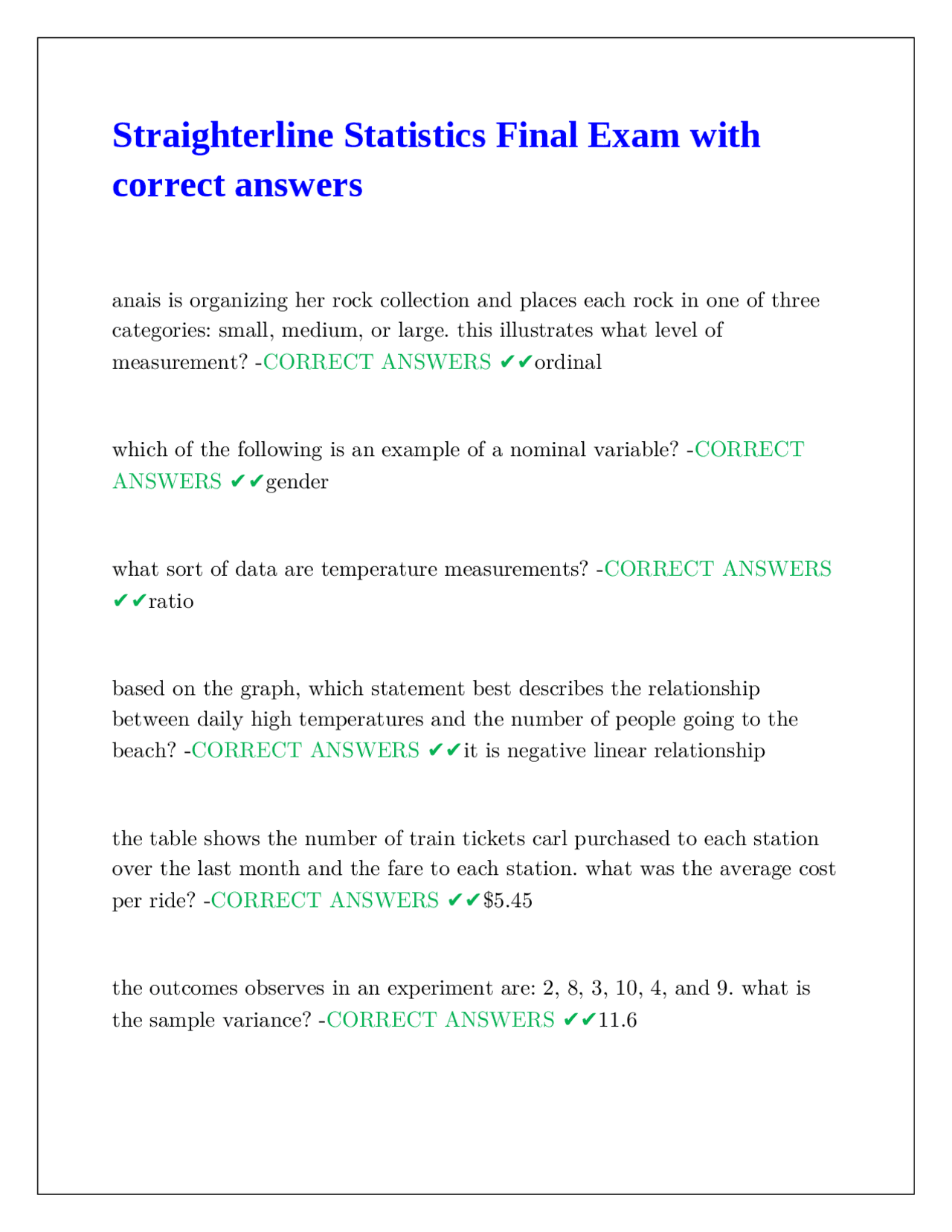 Straighterline Statistics Final Exam with correct answers | Exams ...