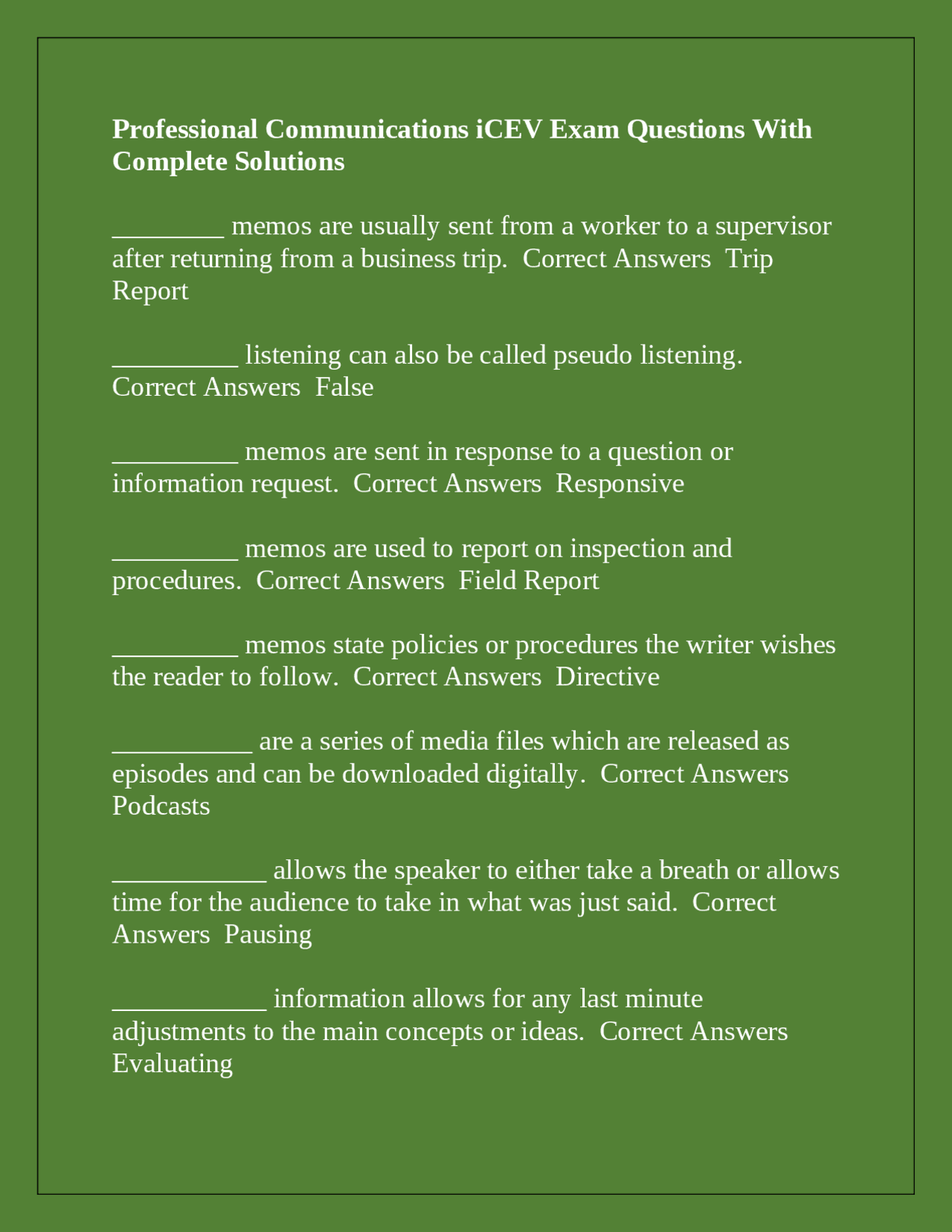 Professional Communications iCEV Exam Questions With Complete Solutions ...