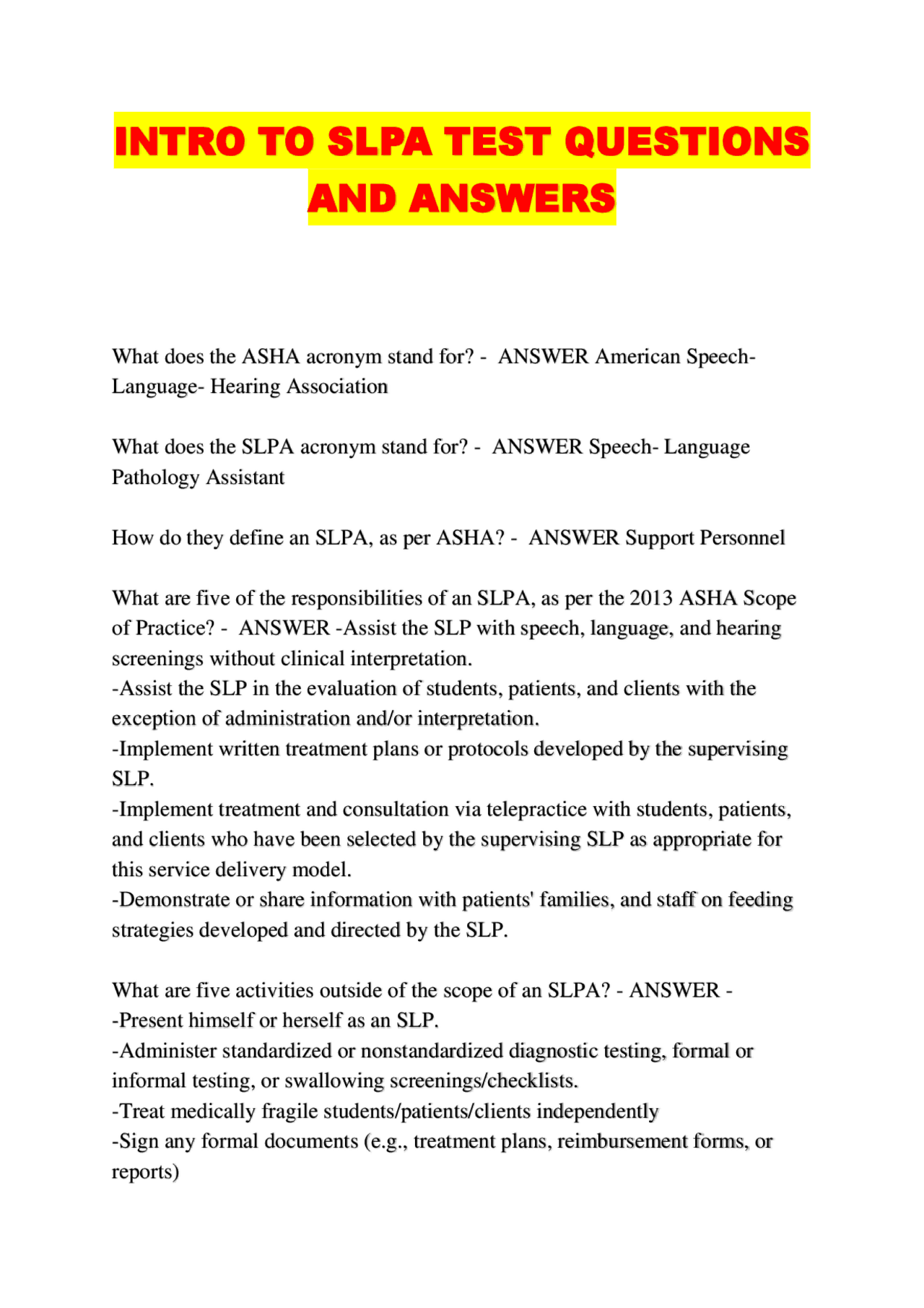 Intro to SLPA: Test Questions and Answers for Speech-Language Pathology ...