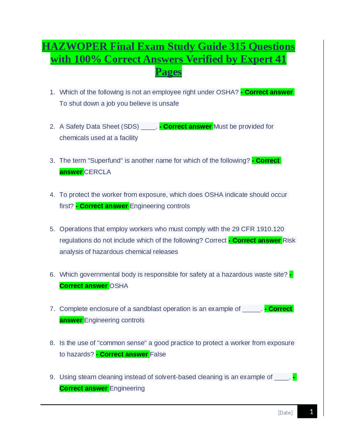 HAZWOPER Final Exam Study Guide 315 Questions with 100% Correct Answers ...