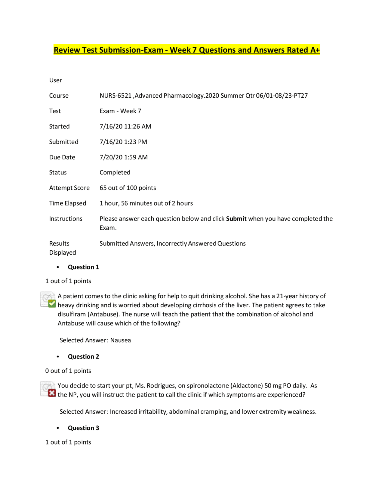 Review Test Submission-Exam - Week 7 Questions and Answers Rated A+ ...