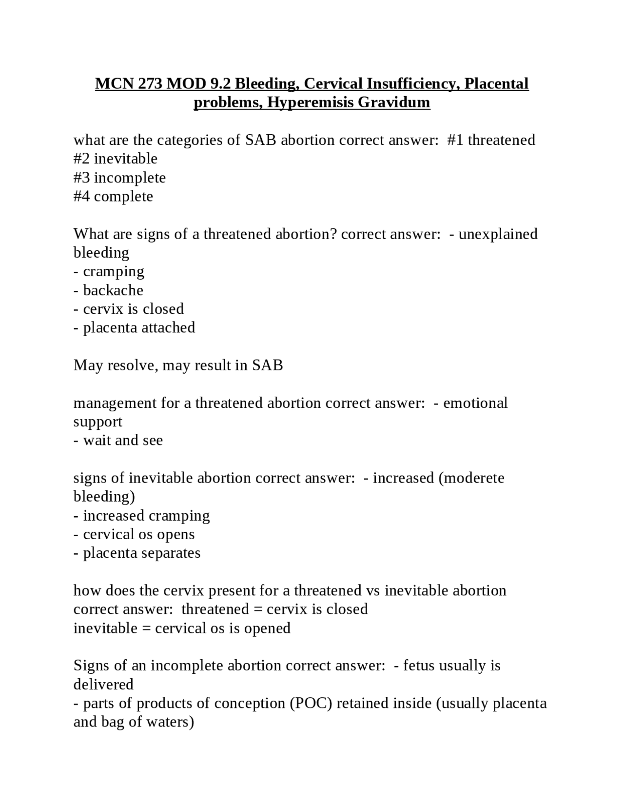 MCN 273 MOD 9.2 Bleeding, Cervical Insufficiency, Placental problems ...