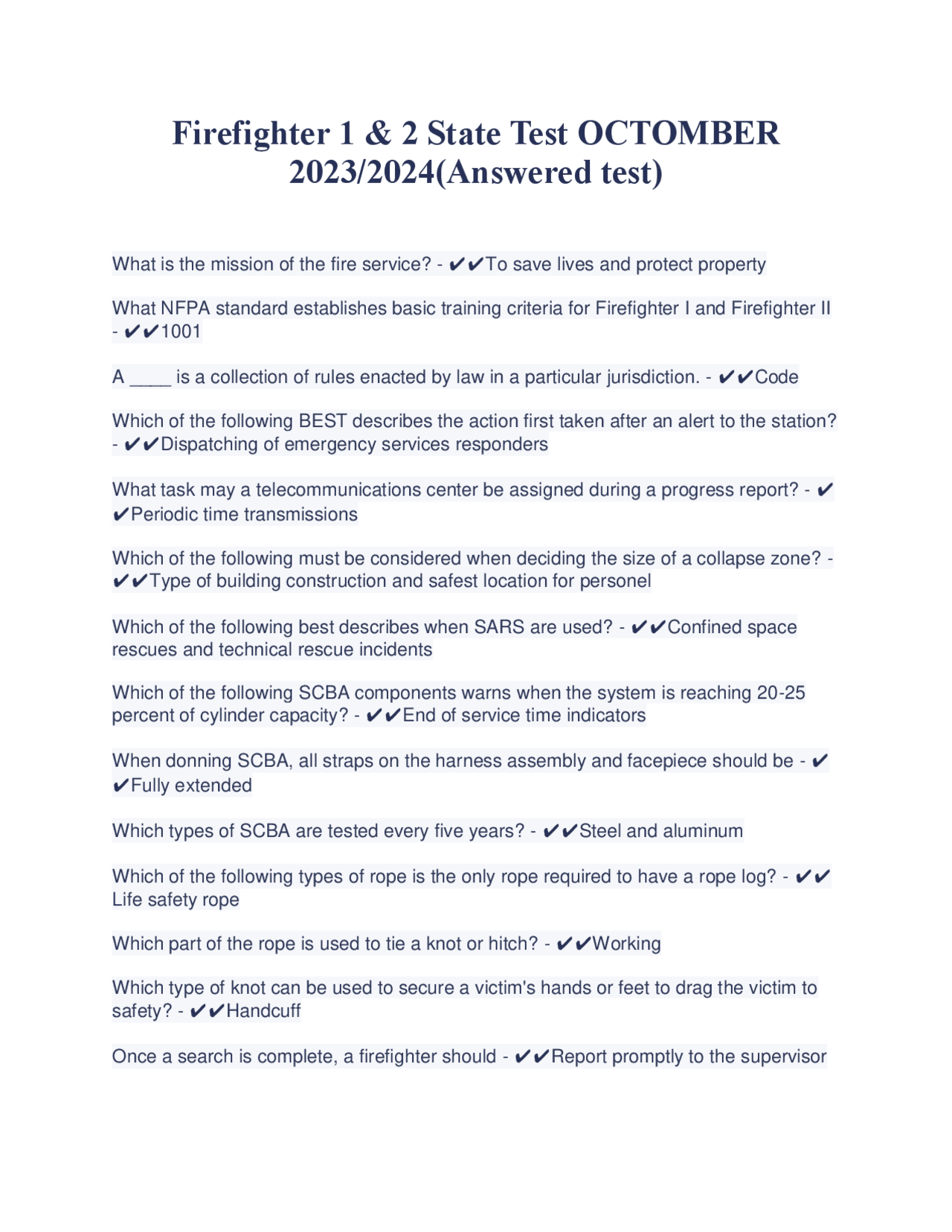 Firefighter 1.pdf questions and verified answers | Exams Safety and ...