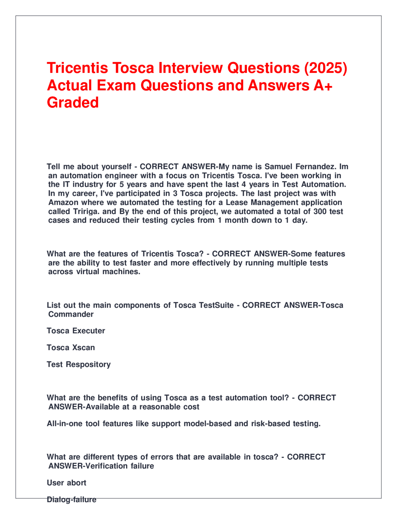 Tricentis Tosca Interview Questions (2025) Actual Exam Questions and Answers A+ Graded.pdf ...