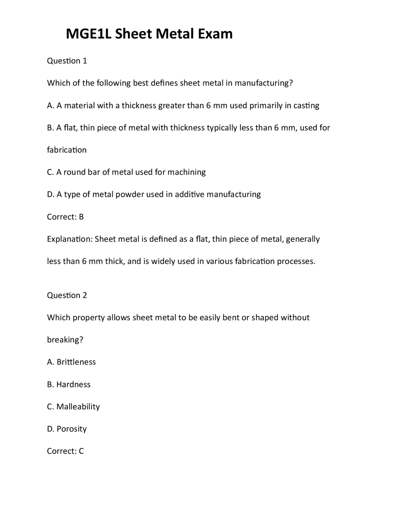 MGE1L Sheet Metal Exam | Exams Technology | Docsity
