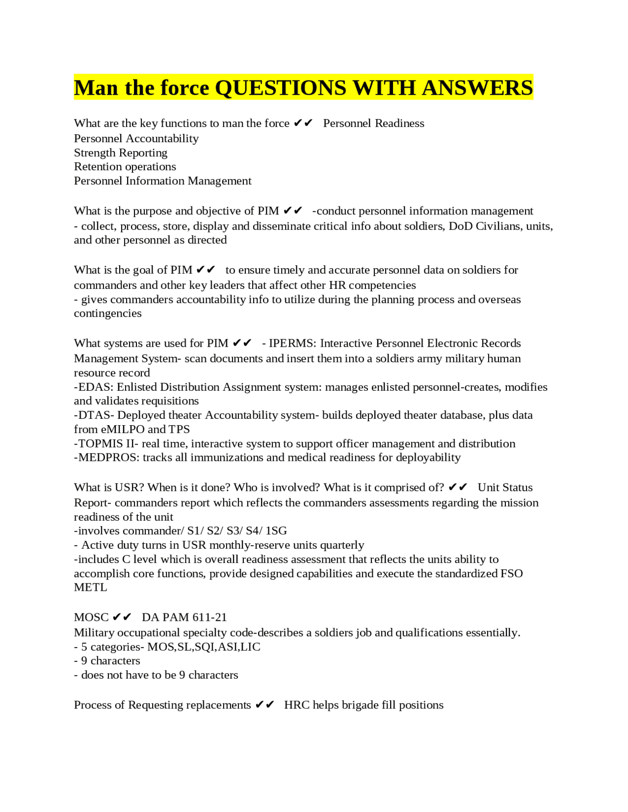 Man the force QUESTIONS WITH ANSWERS | Exams Nursing | Docsity