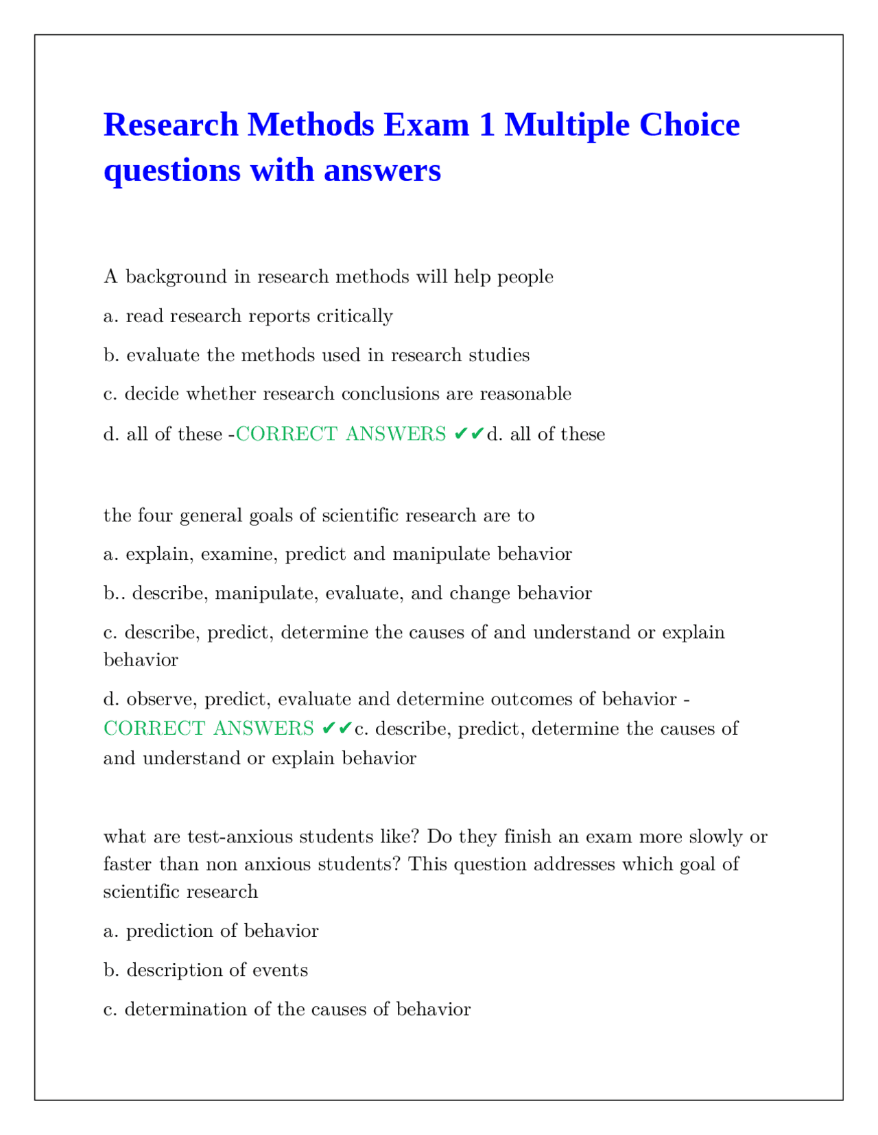 Research Methods Exam: Multiple Choice Questions and Answers | Exams ...