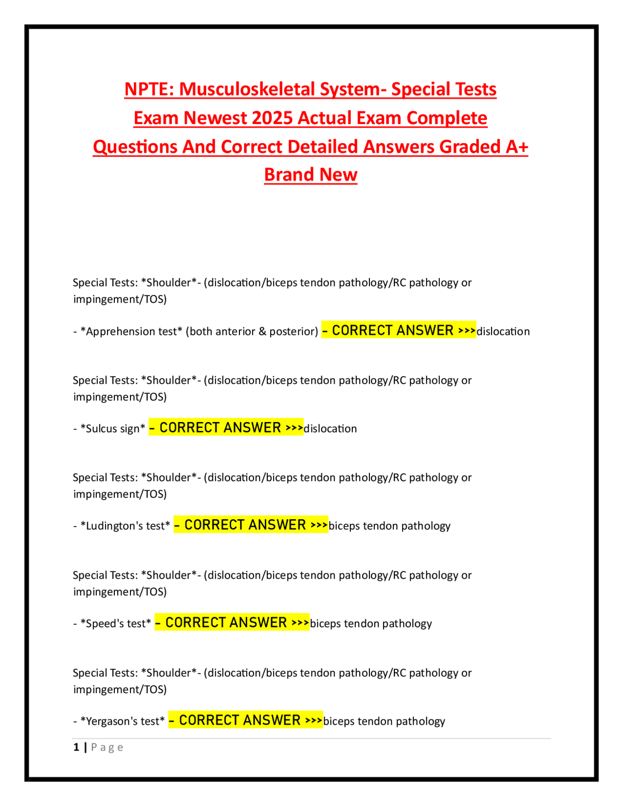 NPTE: Musculoskeletal System- Special Tests Exam Newest 2025 Actual ...