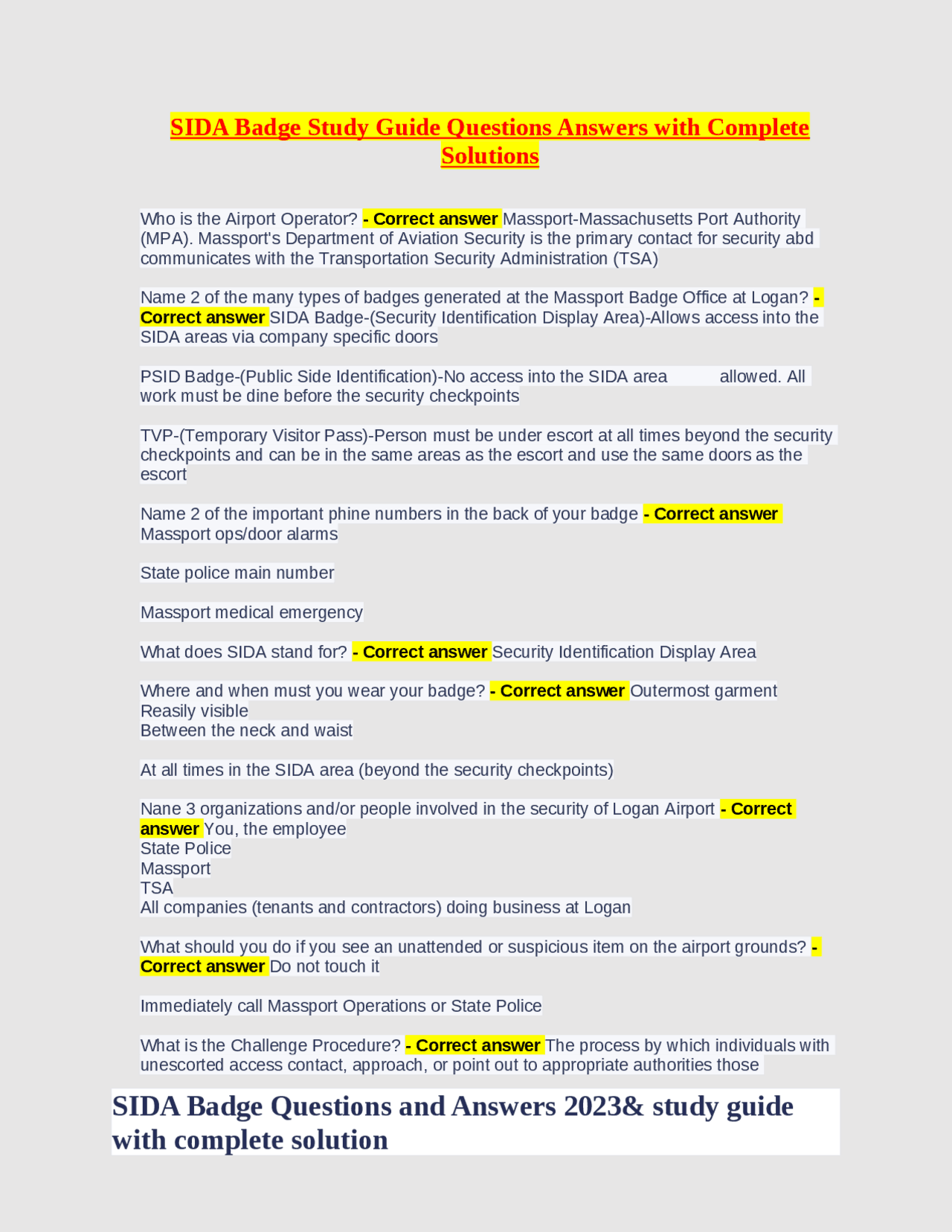 SIDA Badge Study Guide Questions Answers with Complete Solutions ...
