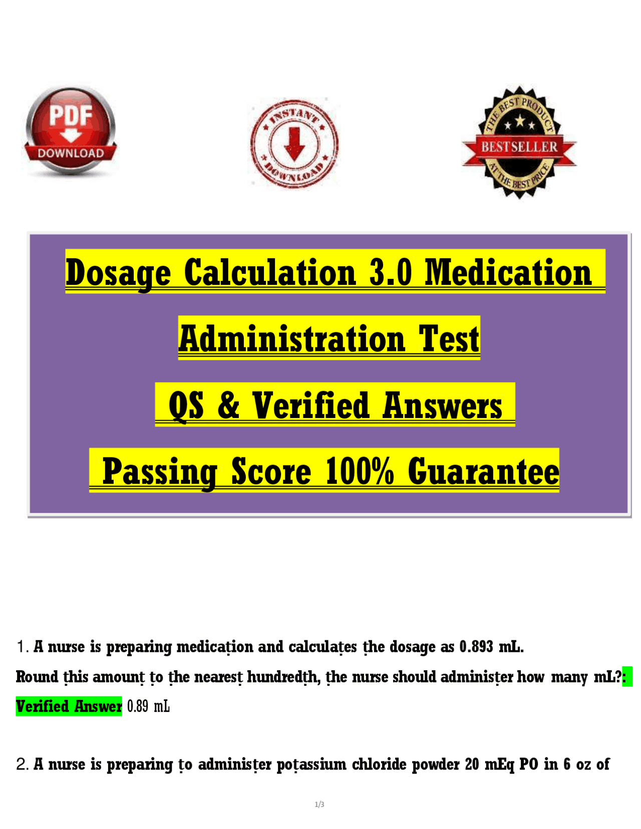 Dosage Calculation 3.0 Medication Administration Test QS & Verified ...