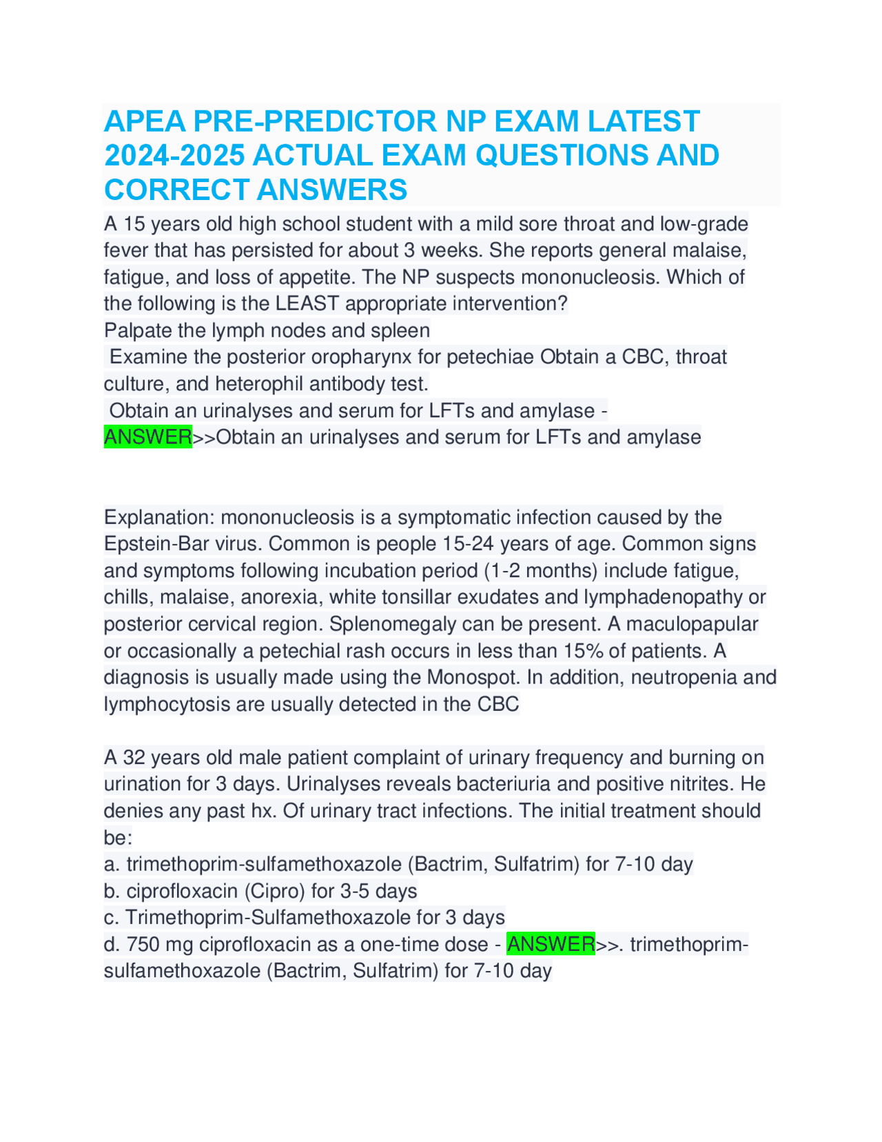 APEA PRE-PREDICTOR NP EXAM LATEST 2024-2025 | Exams Nursing | Docsity