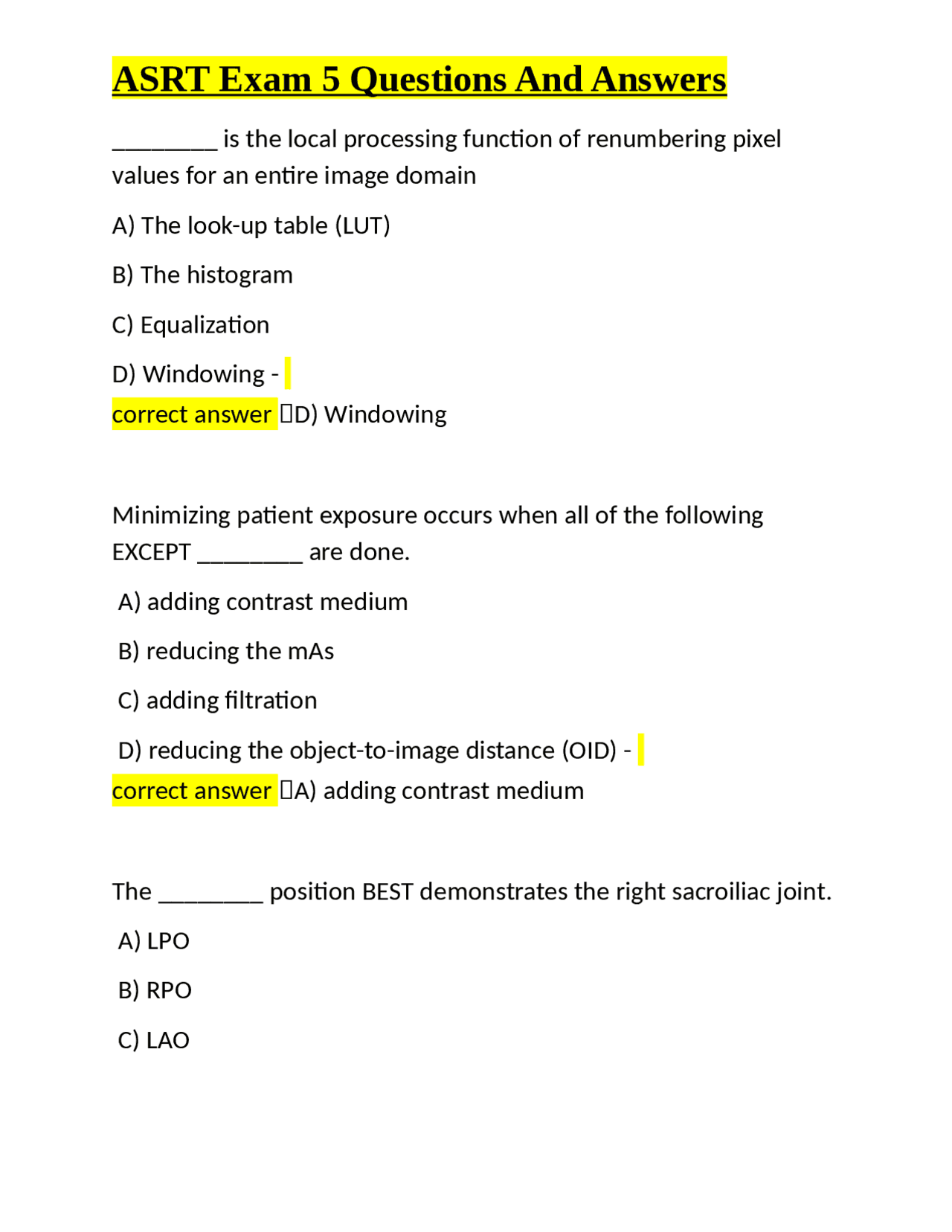 ASRT Exam 5 Questions And Answers | Exams Radiography | Docsity