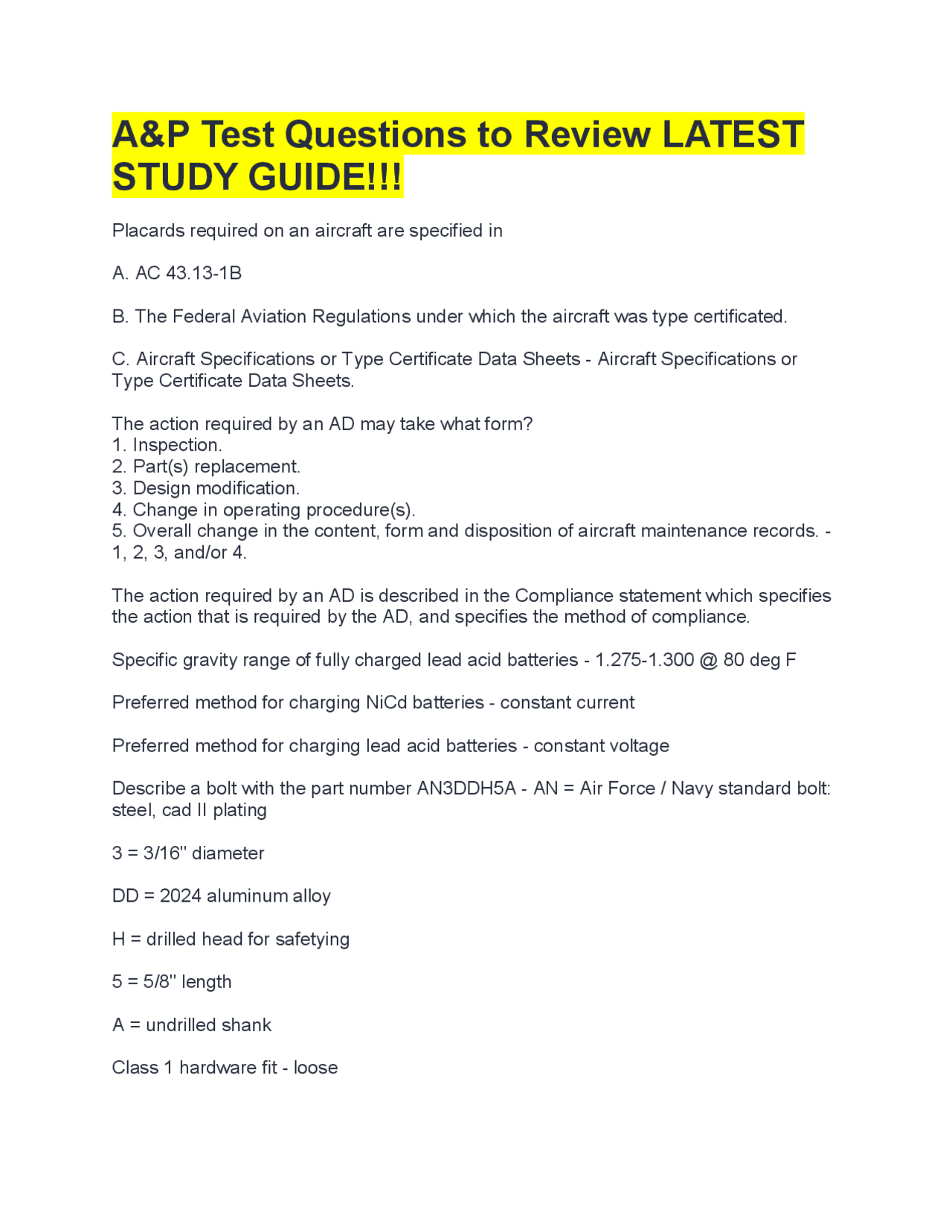 A&P Test Questions to Review LATEST STUDY GUIDE!!!. | Exams Advanced ...