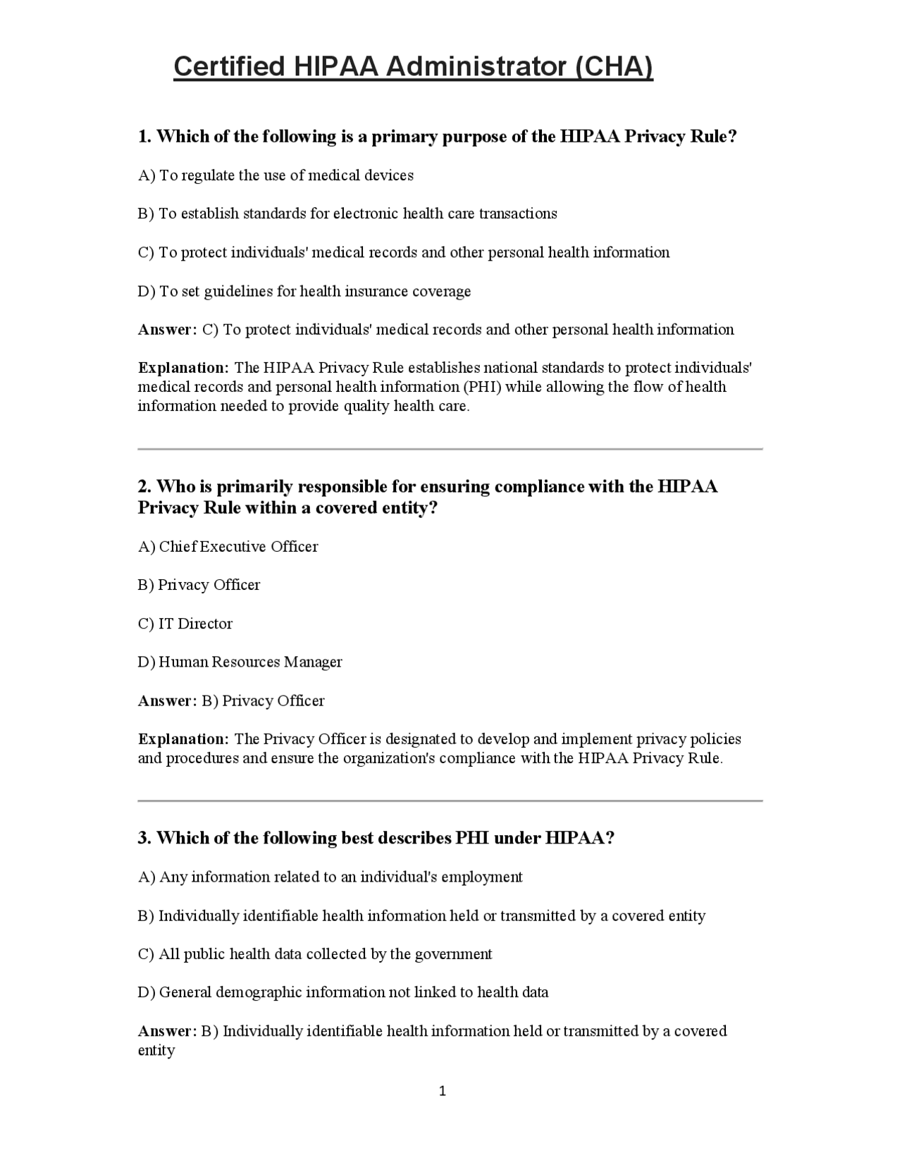 Certified HIPAA Administrator (CHA) Practice Exam | Exams Technology ...