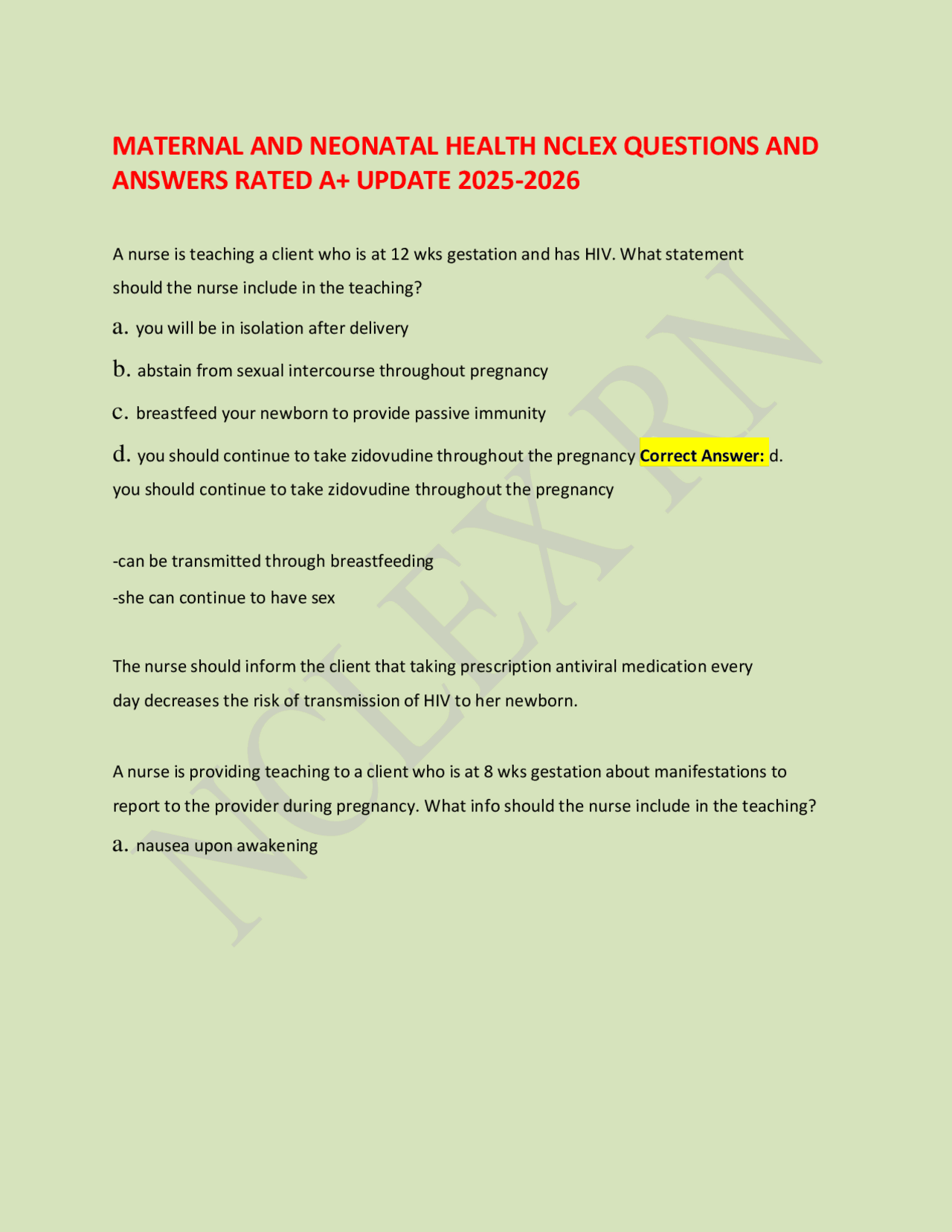 Maternal and Neonatal Health NCLEX Questions and Answers | Exams ...
