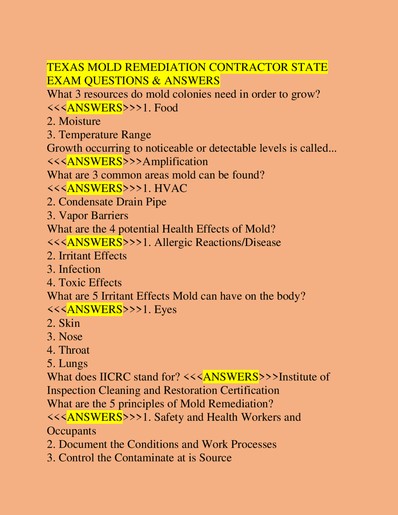 TEXAS MOLD REMEDIATION CONTRACTOR STATE EXAM QUESTIONS & ANSWERS ...
