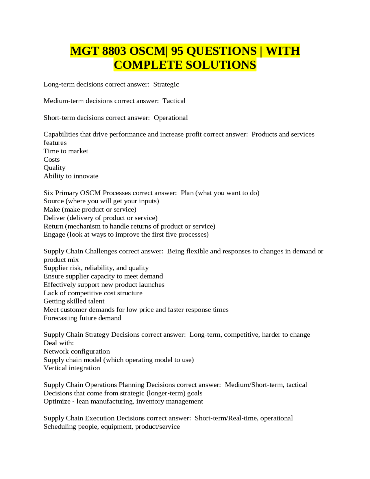 MGT 8803 OSCM| 95 QUESTIONS | WITH COMPLETE SOLUTIONS | Exams Nursing ...