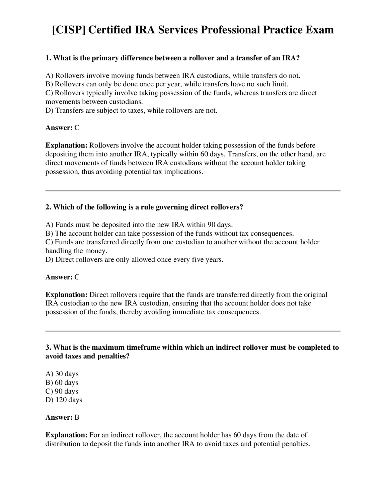 [CISP] Certified IRA Services Professional Practice Exam | Exams ...