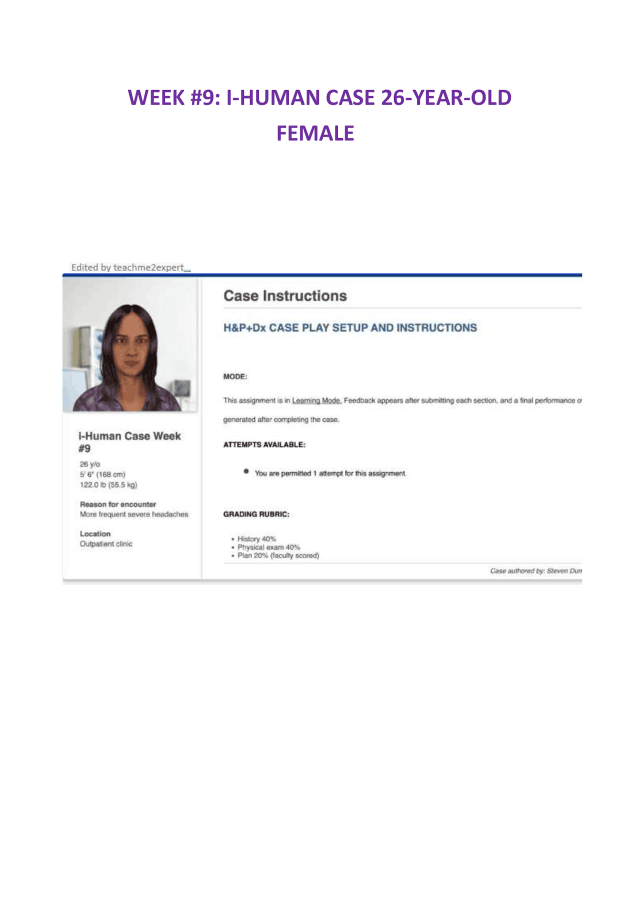 WEEK #9: I-HUMAN CASE 26-YEAR-OLD FEMALE | Exams Nursing | Docsity