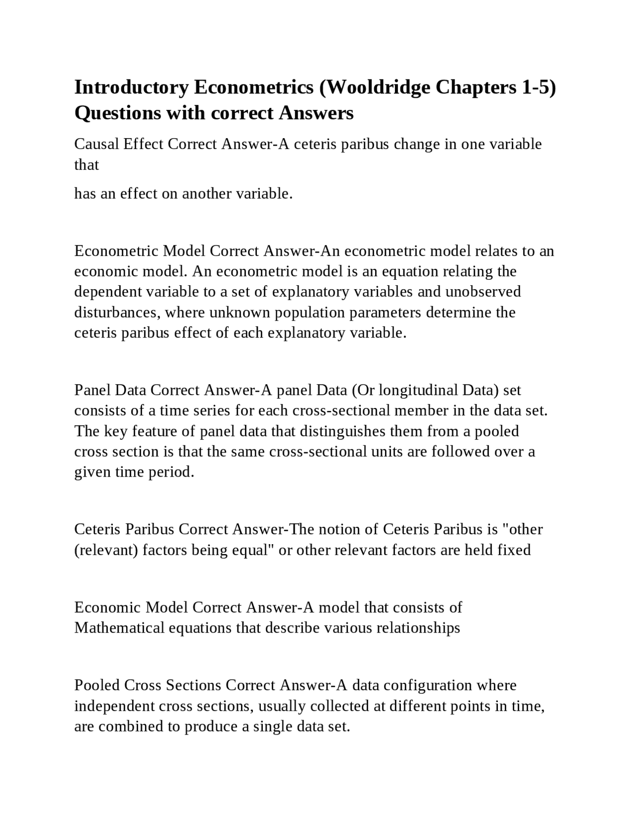 Introductory Econometrics (Wooldridge Chapters 1-5) Questions with correct Answers | Exams ...