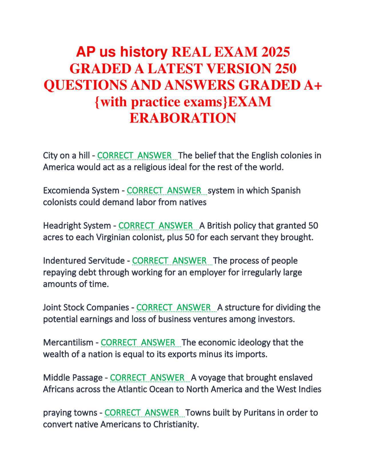 AP us history REAL EXAM 2025 GRADED A LATEST VERSION 250 QUESTIONS AND ...