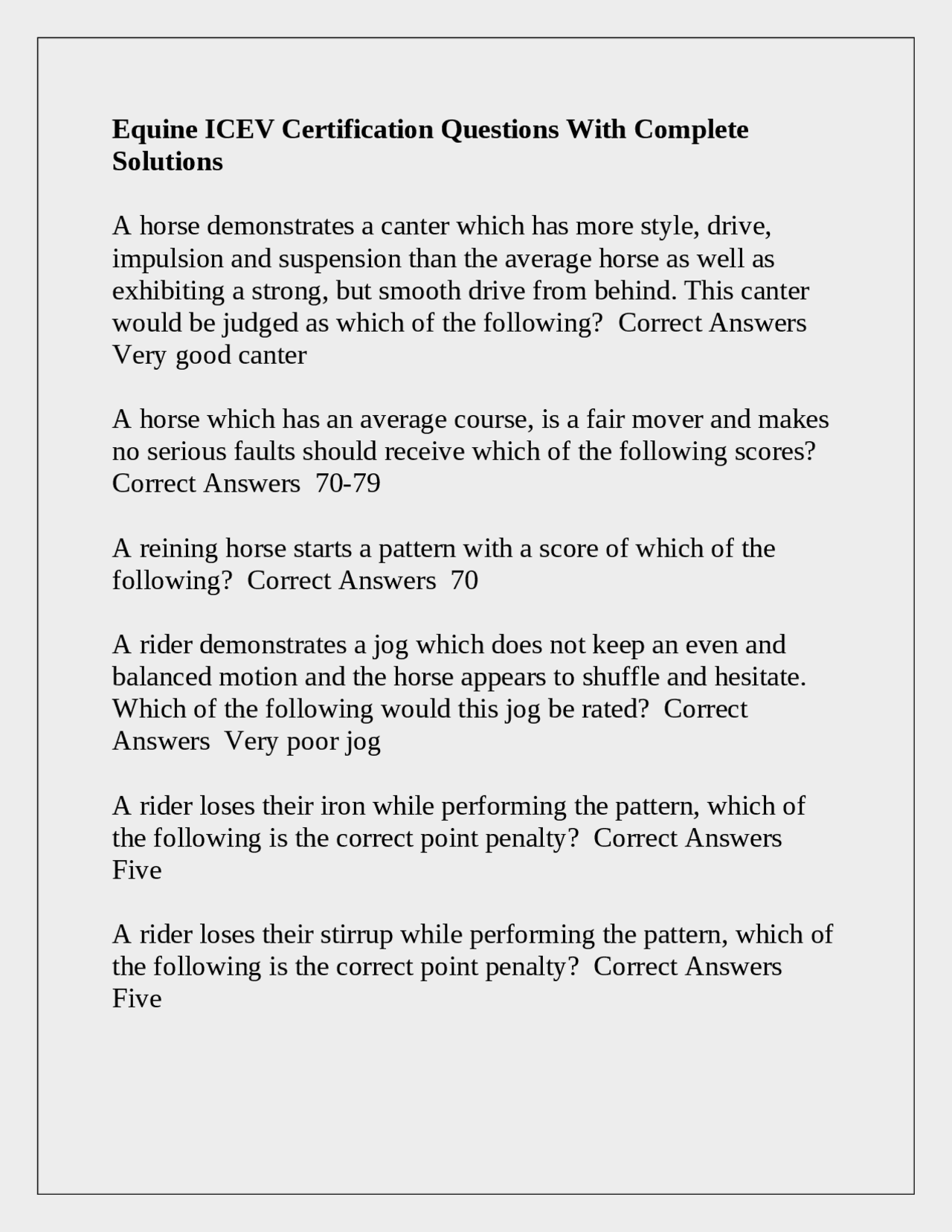 Equine ICEV Certification Questions and Answers | Exams Nursing | Docsity