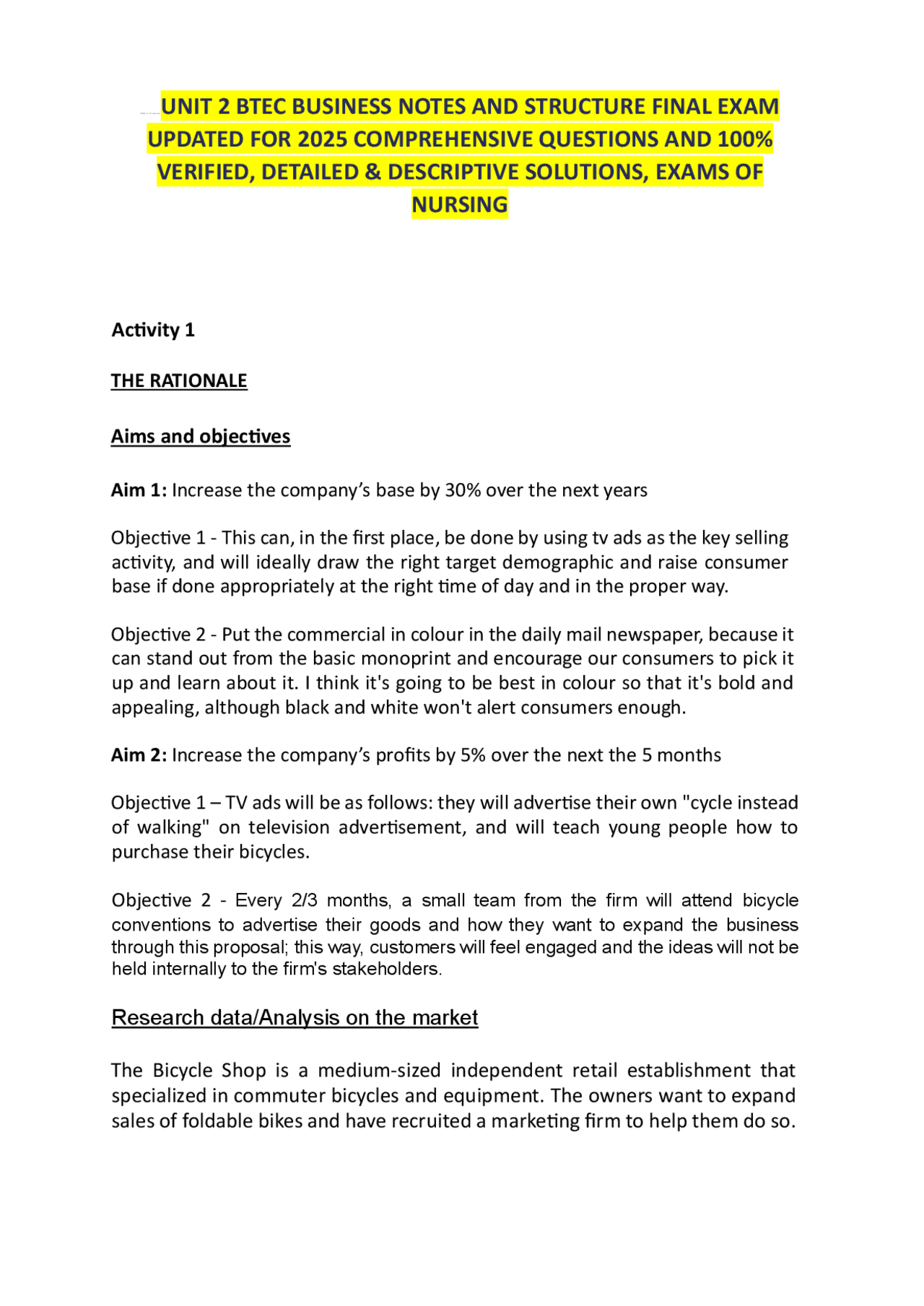 UNIT 2 BTEC BUSINESS NOTES AND STRUCTURE FINAL EXAM UPDATED 2025 ...