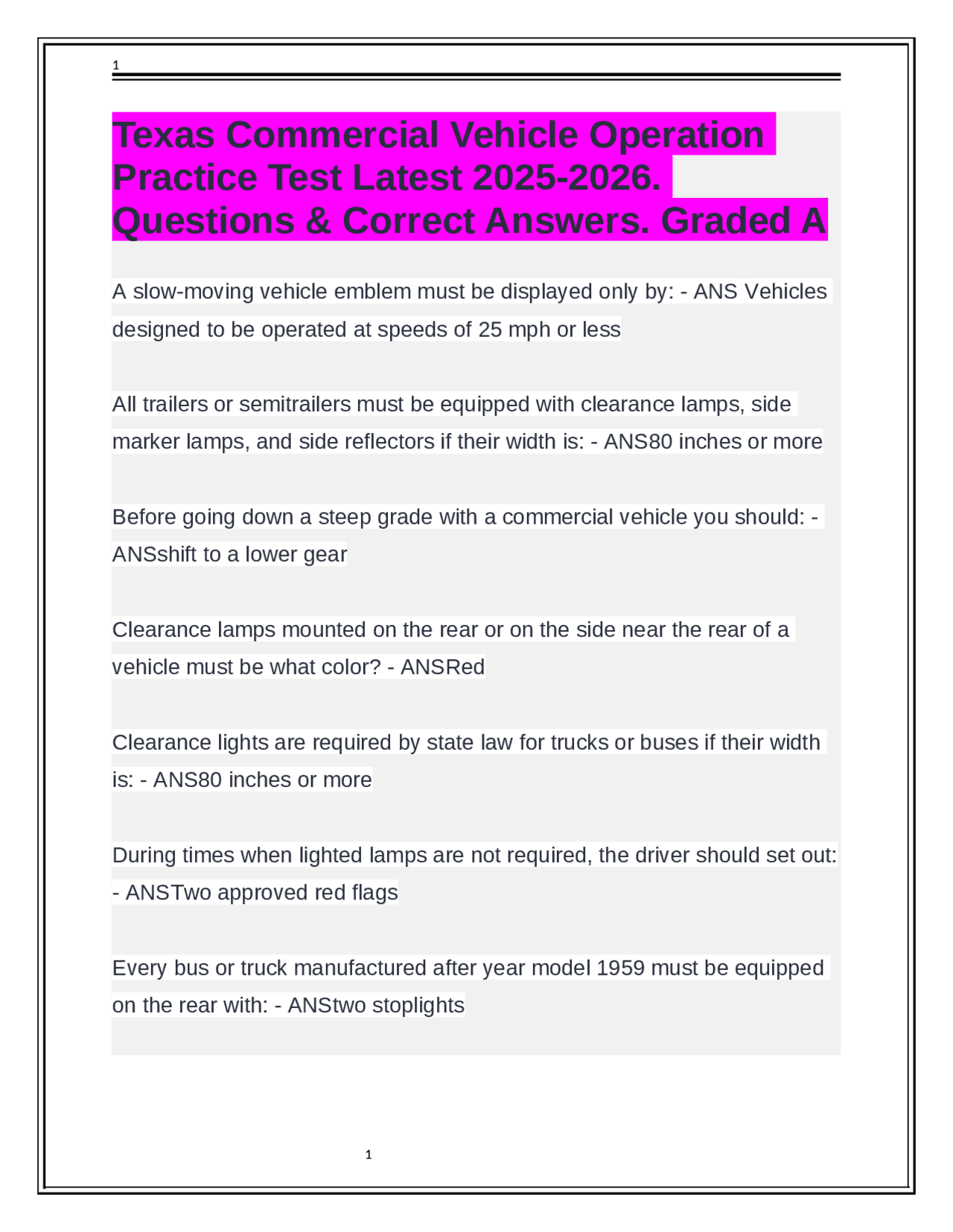 Texas Commercial Vehicle Operation Practice Test: Questions and Answers ...