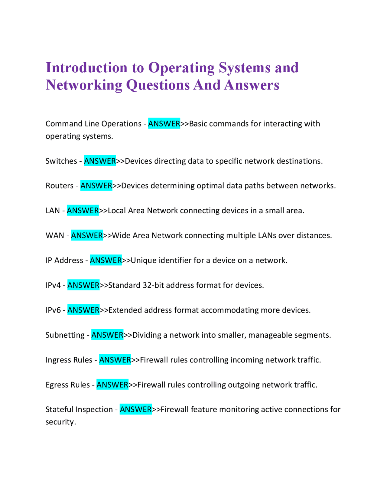Introduction to Operating Systems and Networking: Q&A | Exams Nursing | Docsity
