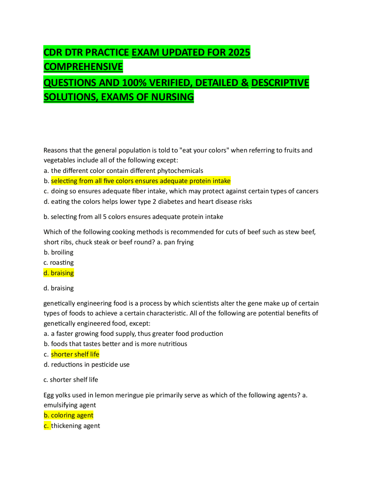 CDR DTR PRACTICE EXAM UPDATED FOR 2025 COMPREHENSIVE QUESTIONS AND 100% ...