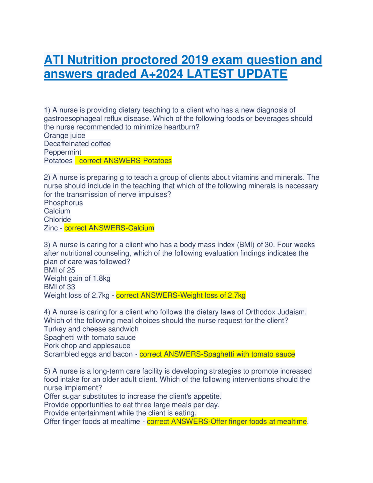 ATI Nutrition proctored 2019 exam question and answers graded A+2024 ...