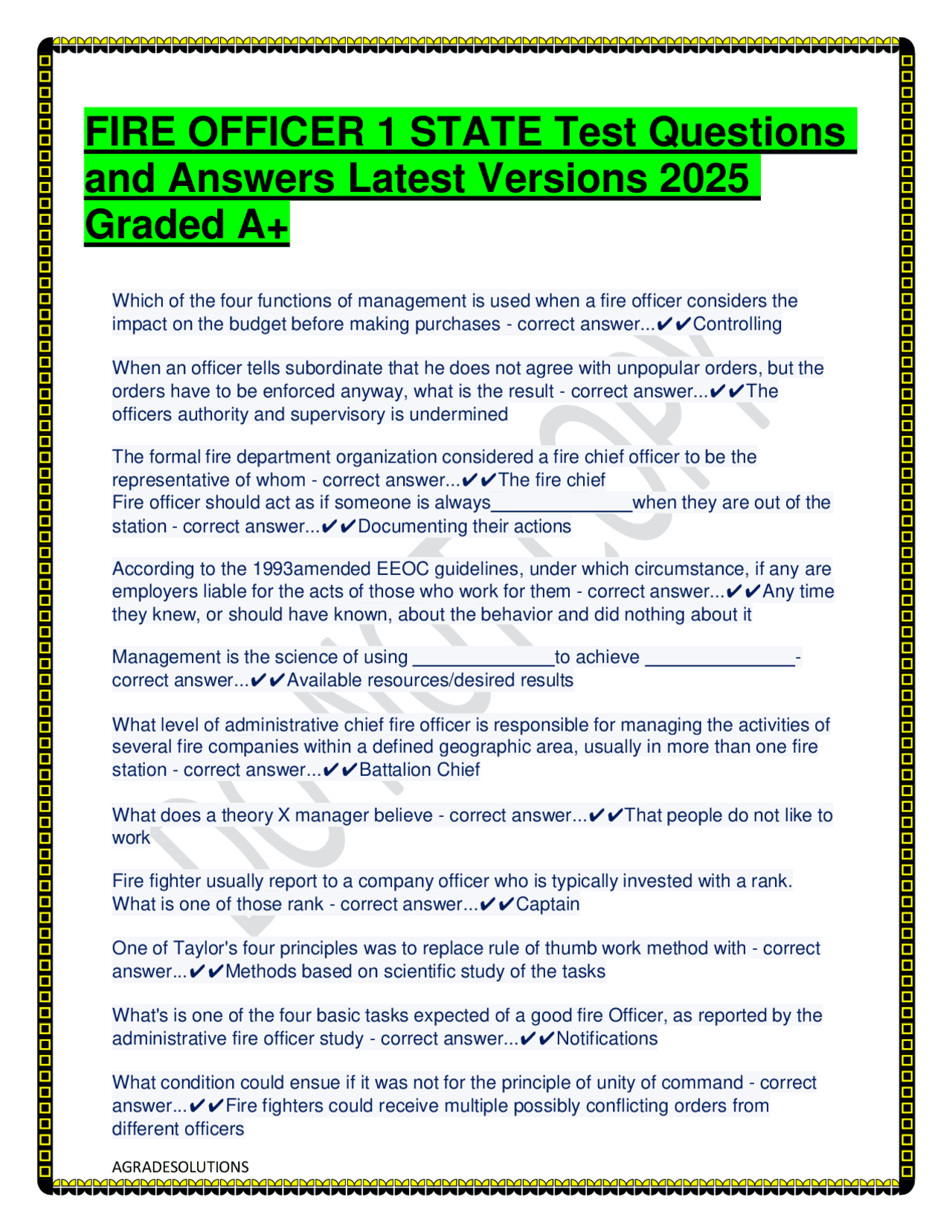 FIRE OFFICER 1 STATE Test Questions and Answers Latest Versions 2025 ...