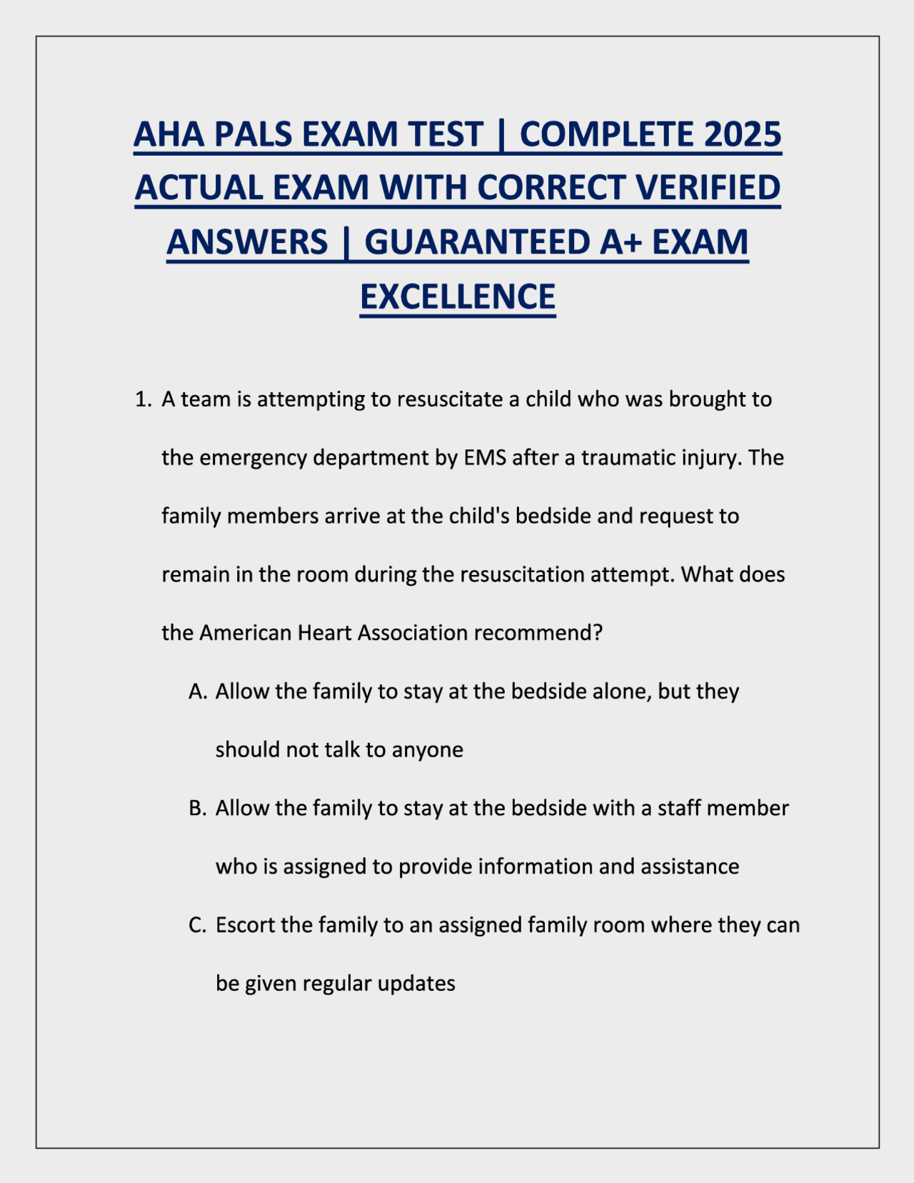 AHA PALS Pre-Test Exam Questions and Answers 100% Verified Heart code ...