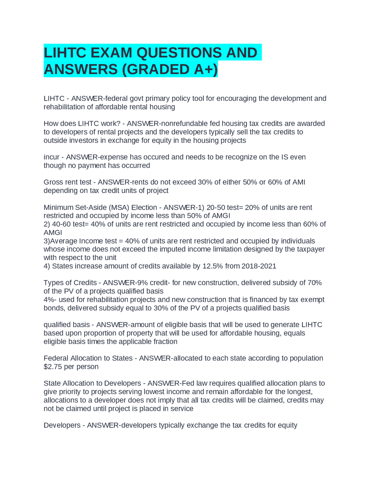 LIHTC EXAM QUESTIONS AND ANSWERS (GRADED A+) | Exams Tax Legislation ...