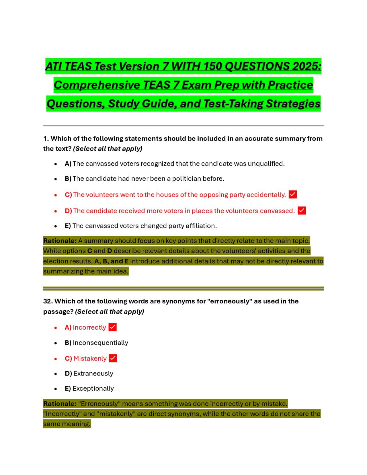 A.T.I TEAS Test Version 7 WITH 150 QUESTIONS 2025: Comprehensive TEAS 7 ...