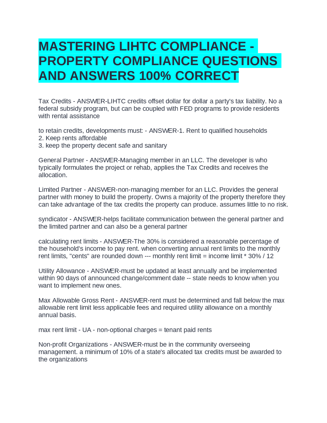 MASTERING LIHTC COMPLIANCE - PROPERTY COMPLIANCE QUESTIONS AND ANSWERS ...