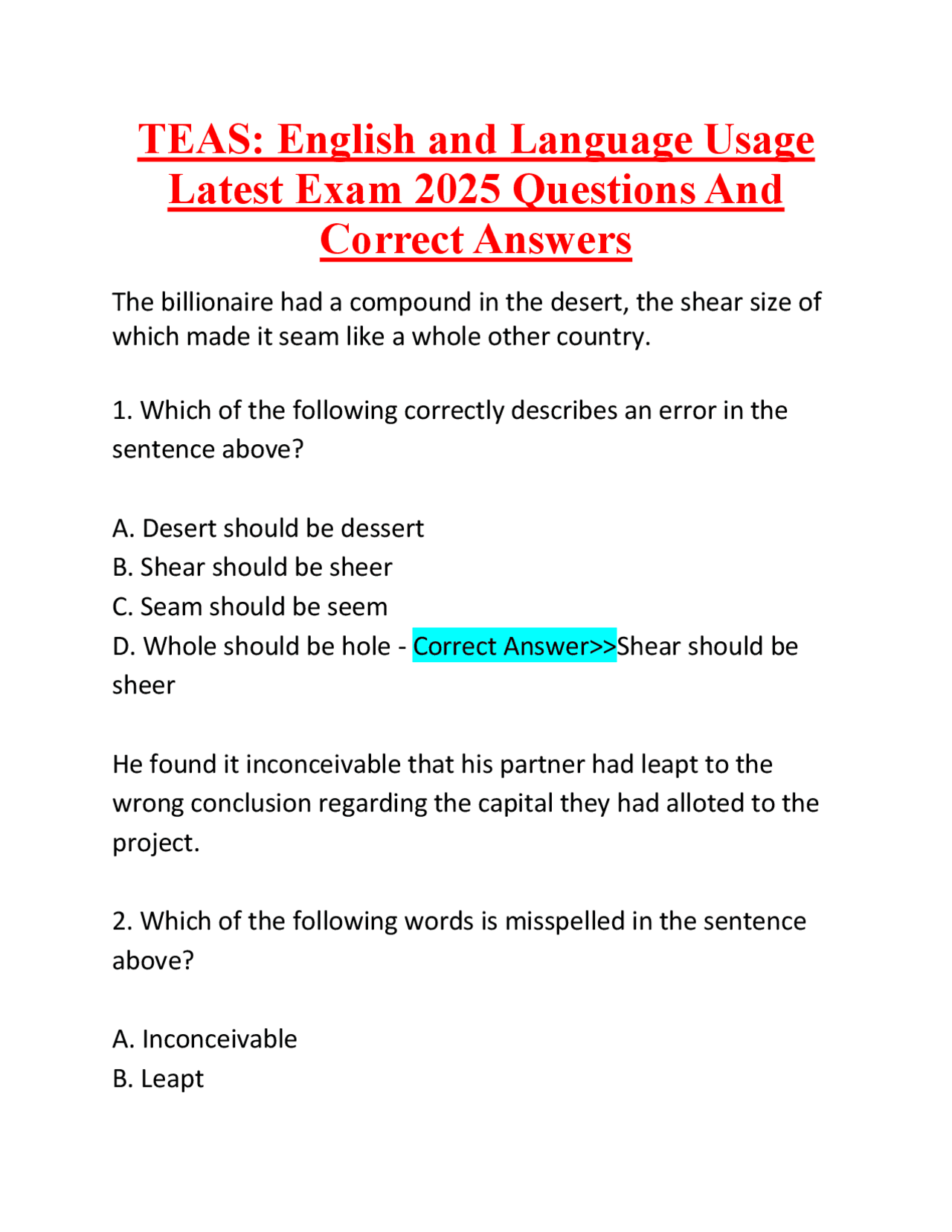 TEAS English and Language Usage Exam: Practice Questions and Answers ...