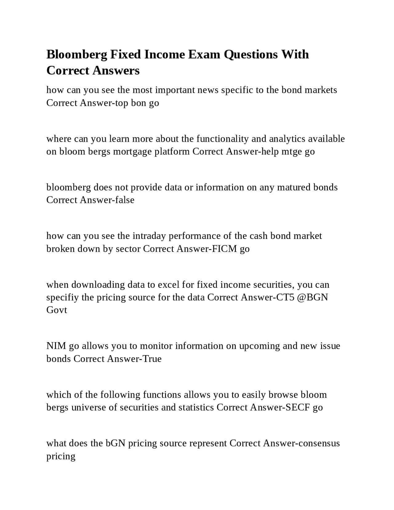 Bloomberg Fixed Income Exam Questions With Correct Answers | Exams ...