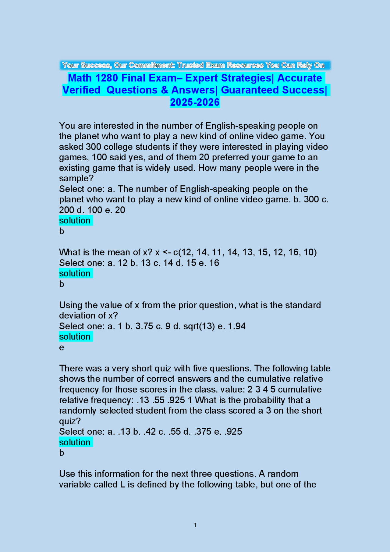 Math 1280 Final Exam– Expert Strategies| Accurate Verified Questions & Answer| Guaranteed ...