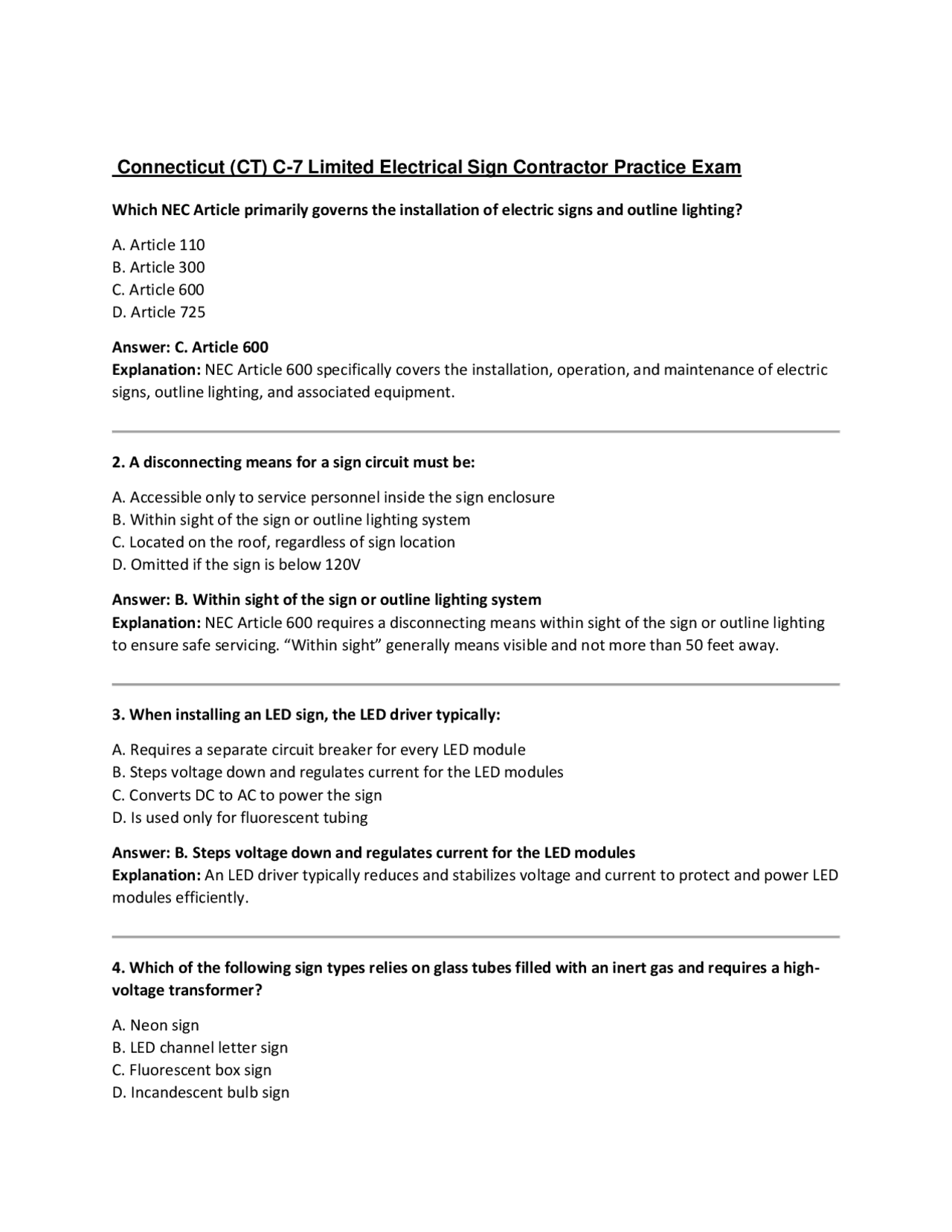 Connecticut (CT) C‑7 Limited Electrical Sign Contractor Practice Exam ...