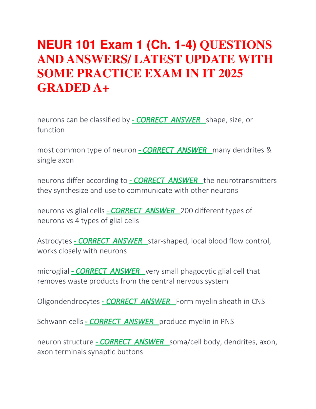 NEUR 101 Exam 1: Neuroscience Questions and Answers (Chapters 1-4) | Exams Natural Science | Docsity