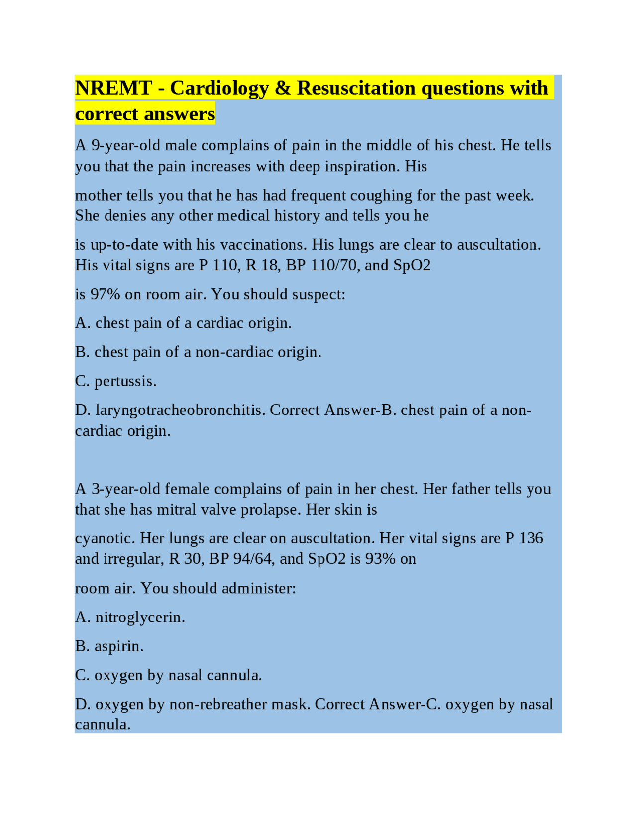 NREMT Cardiology & Resuscitation: Multiple Choice Questions and Answers ...
