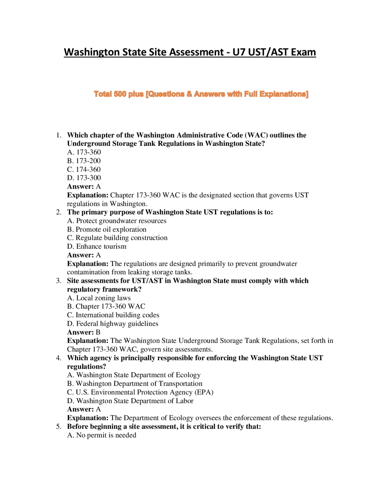 Washington State Site Assessment - U7 UST/AST Exam | Exams Technology ...