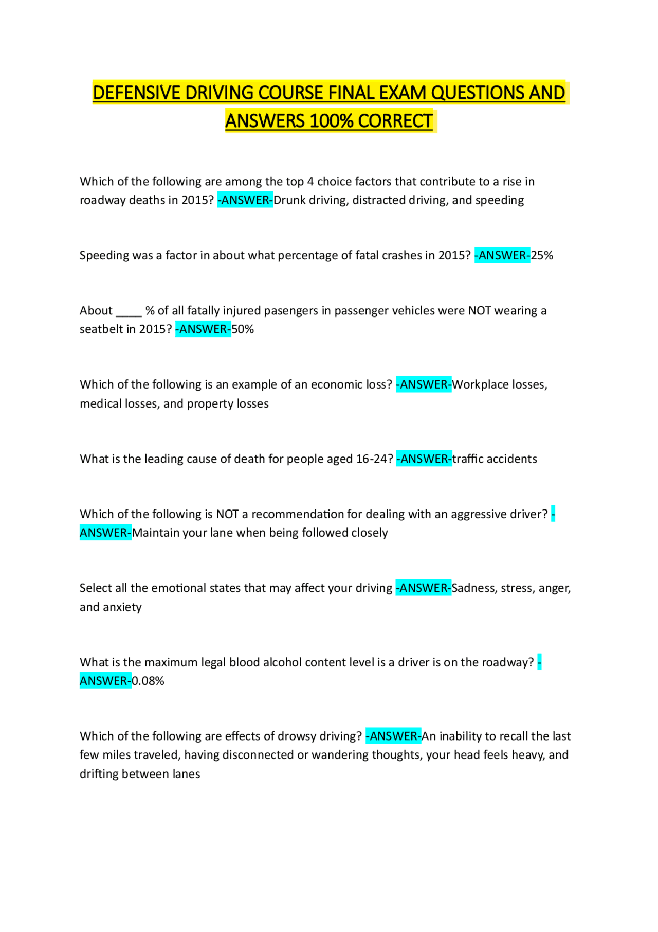 DEFENSIVE DRIVING COURSE FINAL EXAM QUESTIONS AND ANSWERS 100% CORRECT | Exams Training and ...