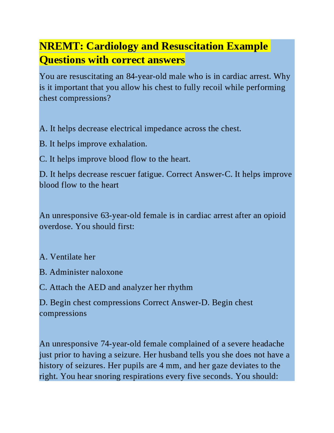 NREMT Cardiology and Resuscitation: Practice Questions and Answers ...