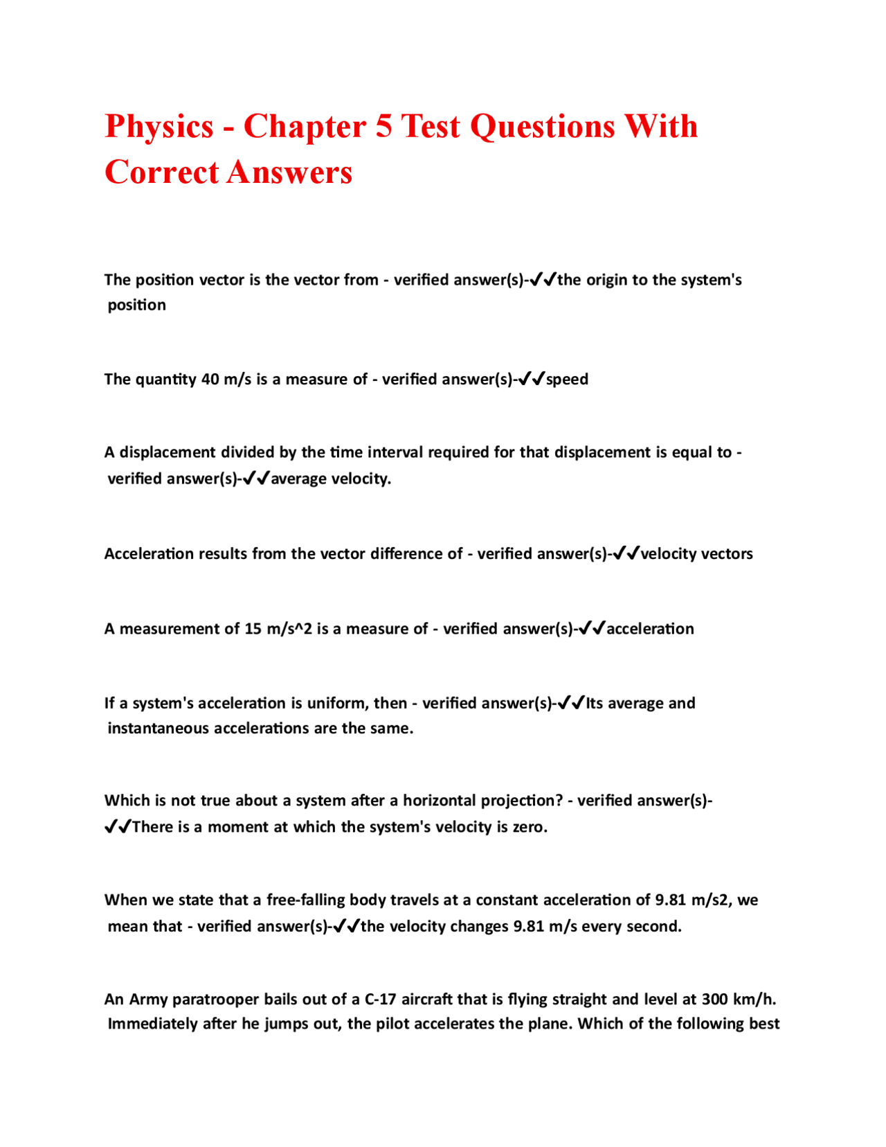 Physics - Chapter 5 Test Questions With Correct Answers. | Exams ...