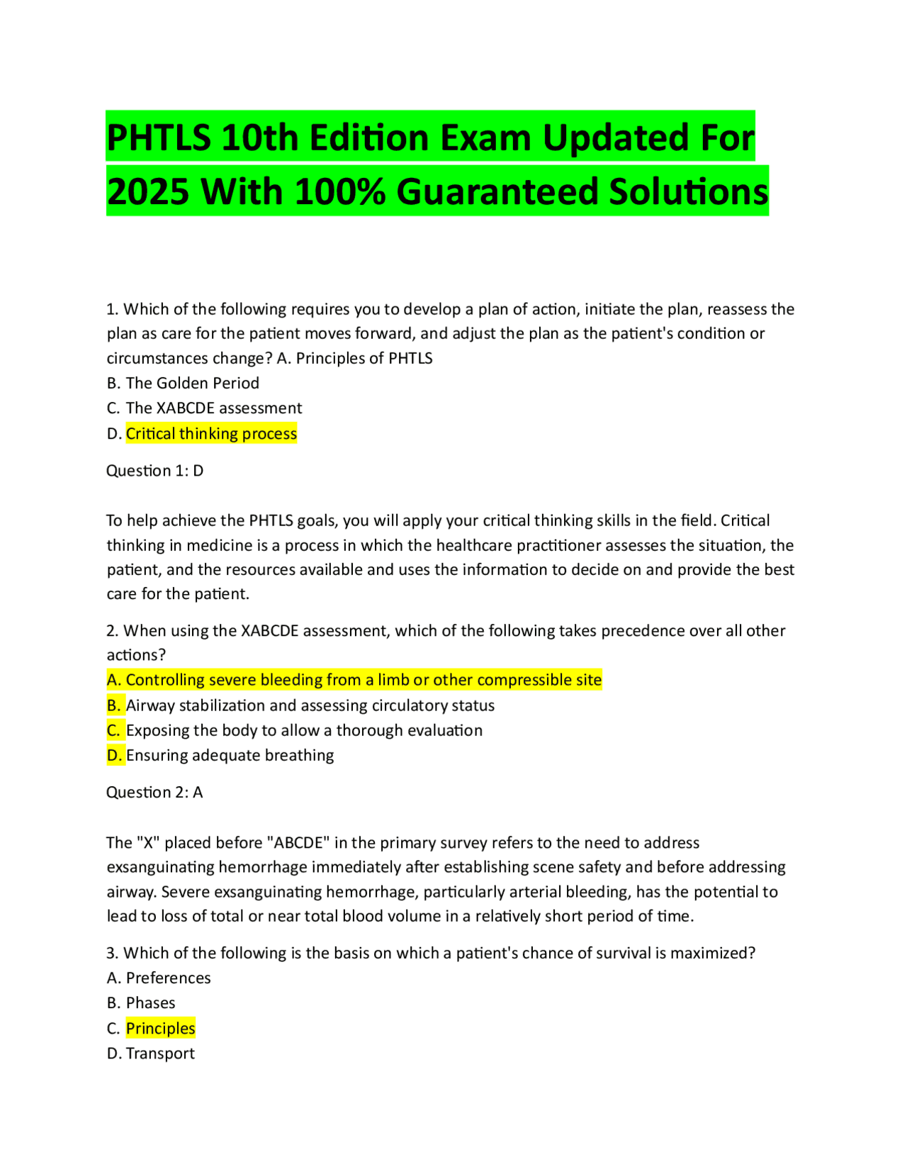 PHTLS 10th Edition Exam Updated For 2025 With 100% Guaranteed Solutions ...