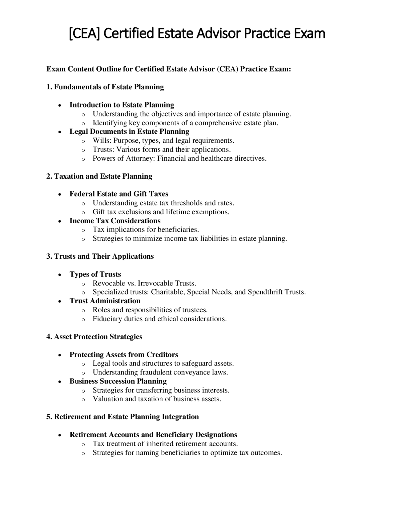[CEA] Certified Estate Advisor Practice Exam | Exams Technology | Docsity