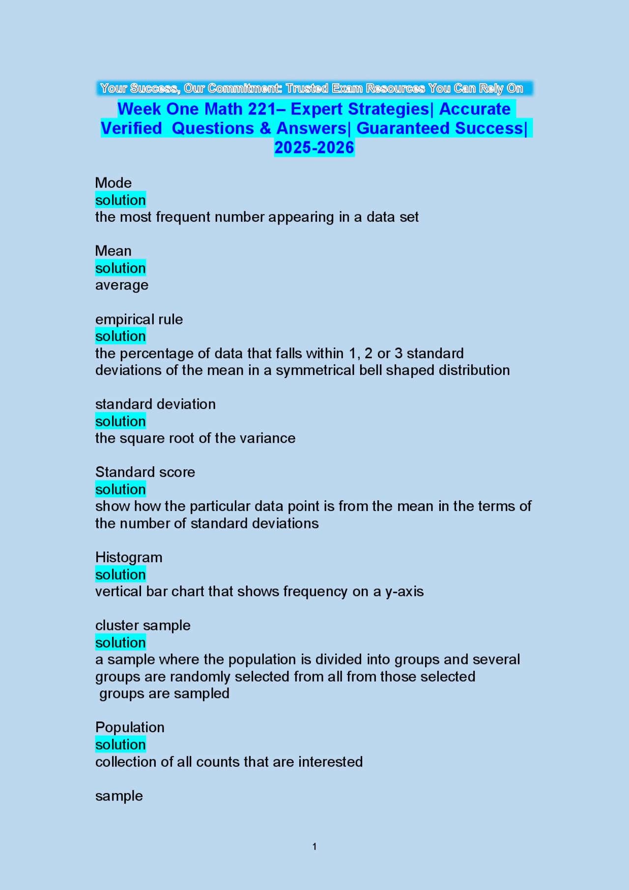 Week One Math 221– Expert Strategies| Accurate Verified Questions & Answers| Guaranteed | Exams ...
